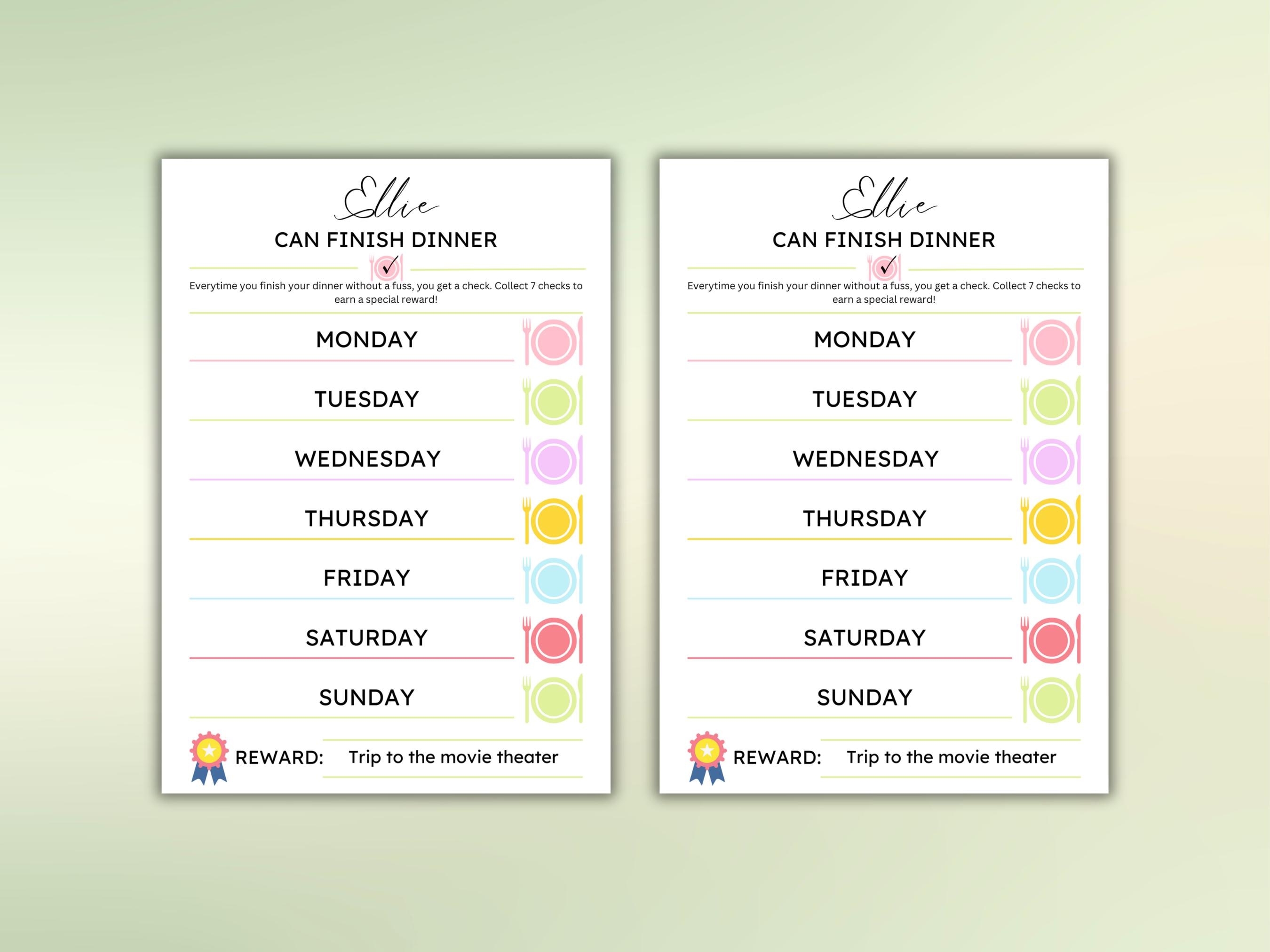 Colorful Finish Dinner Chart Picky Eater Food Poster Kids Dinner Reward ...