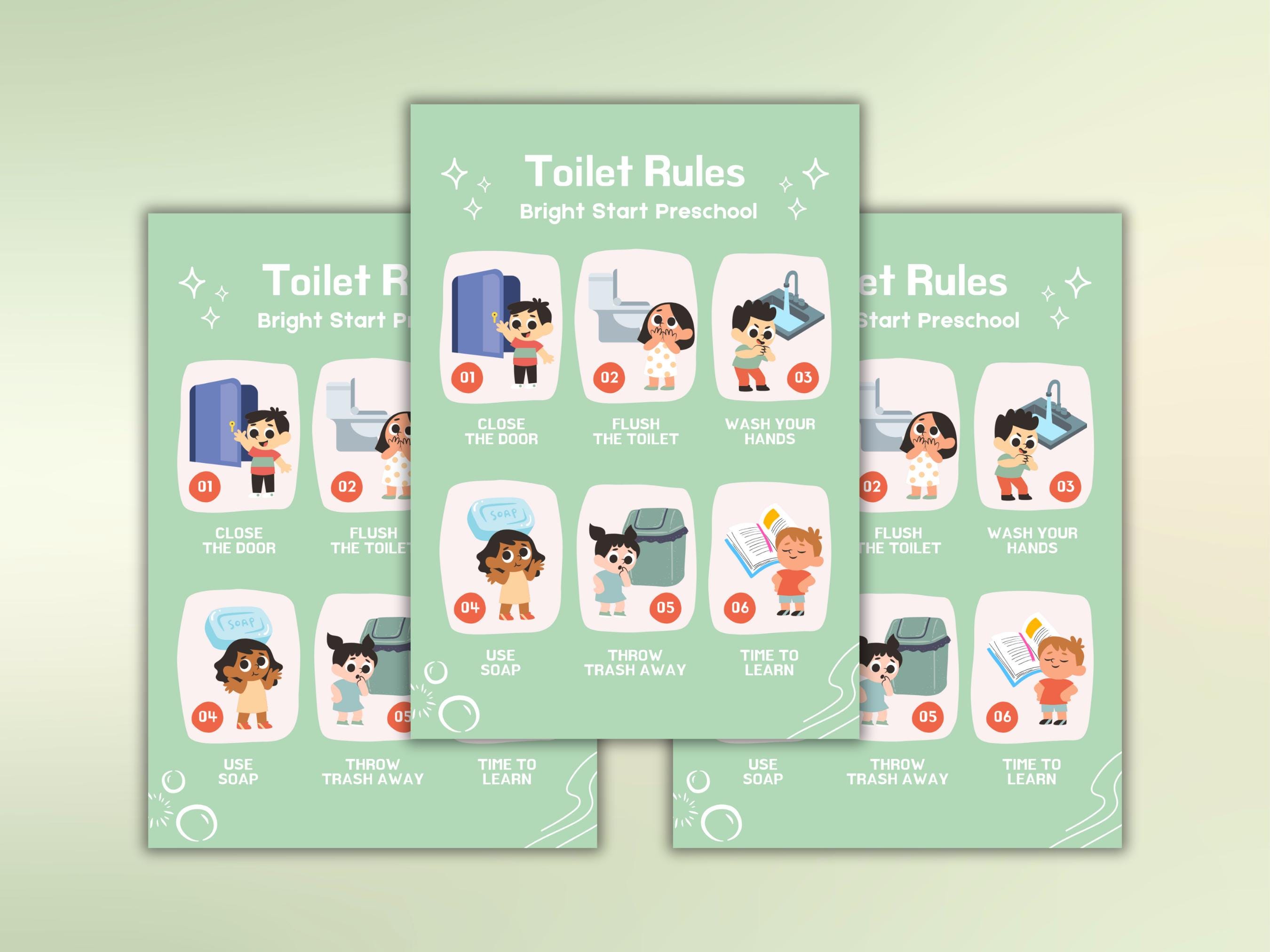 Kids Toilet Rules Sign Childrens Visual Bathroom Routine Template ...