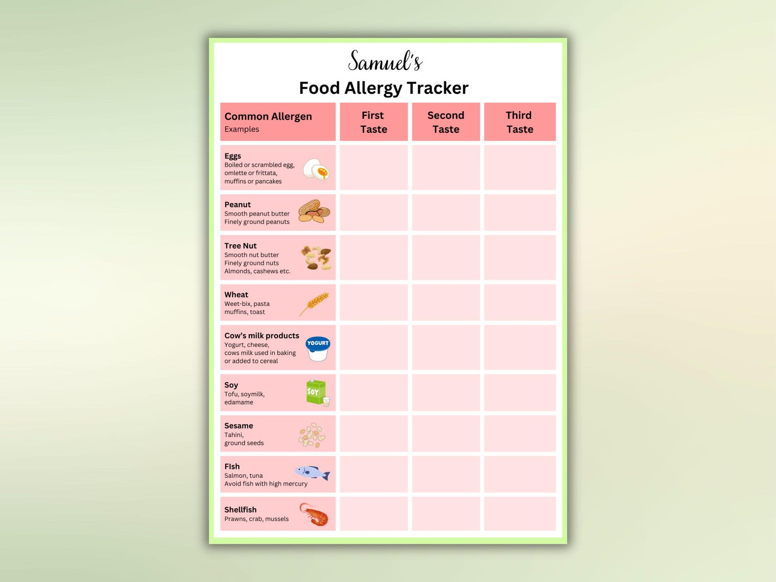 Baby Food Allergy Tracker First Foods Allergen List Introducing Allergy ...