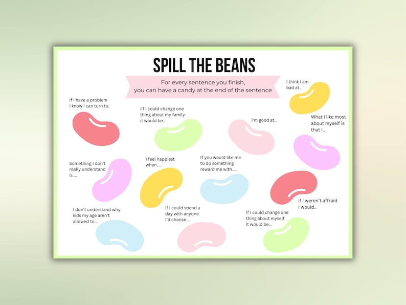 Spill the Beans Therapy Activity Chart Conversation Starters for Kids ...