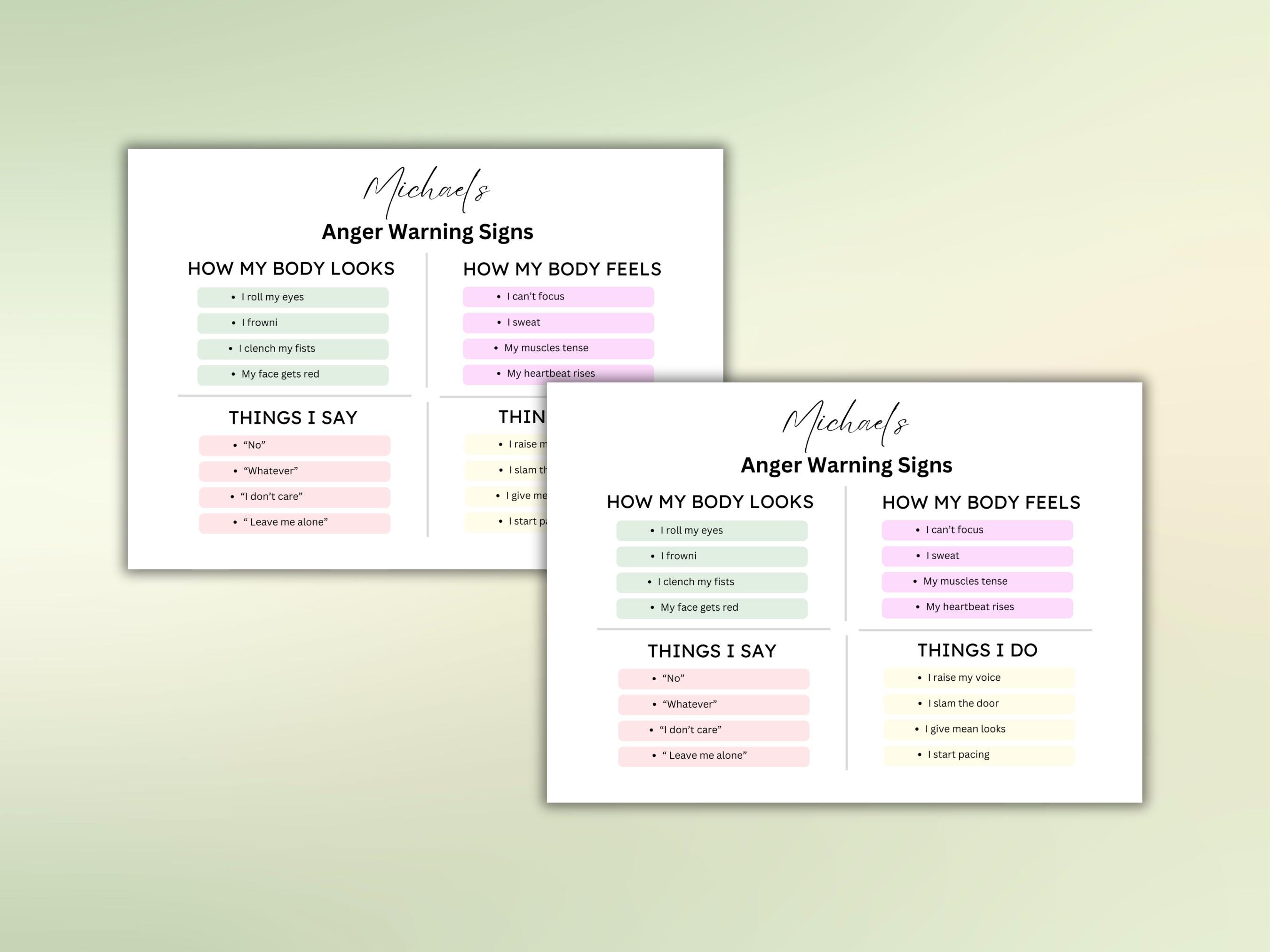 Kids Anger Warning Signs Chart Toddlers Anger Management Template ...