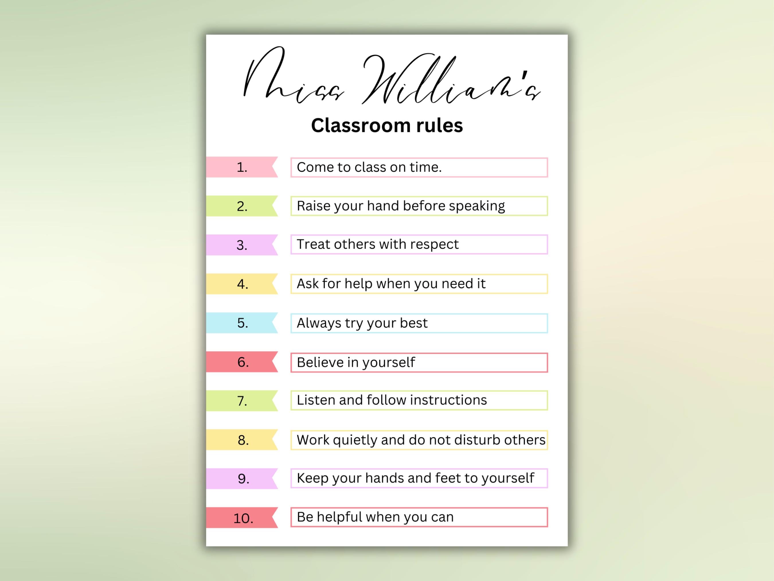 Kids Classroom Rules Chart Childrens Class Rules Sign School Actions ...