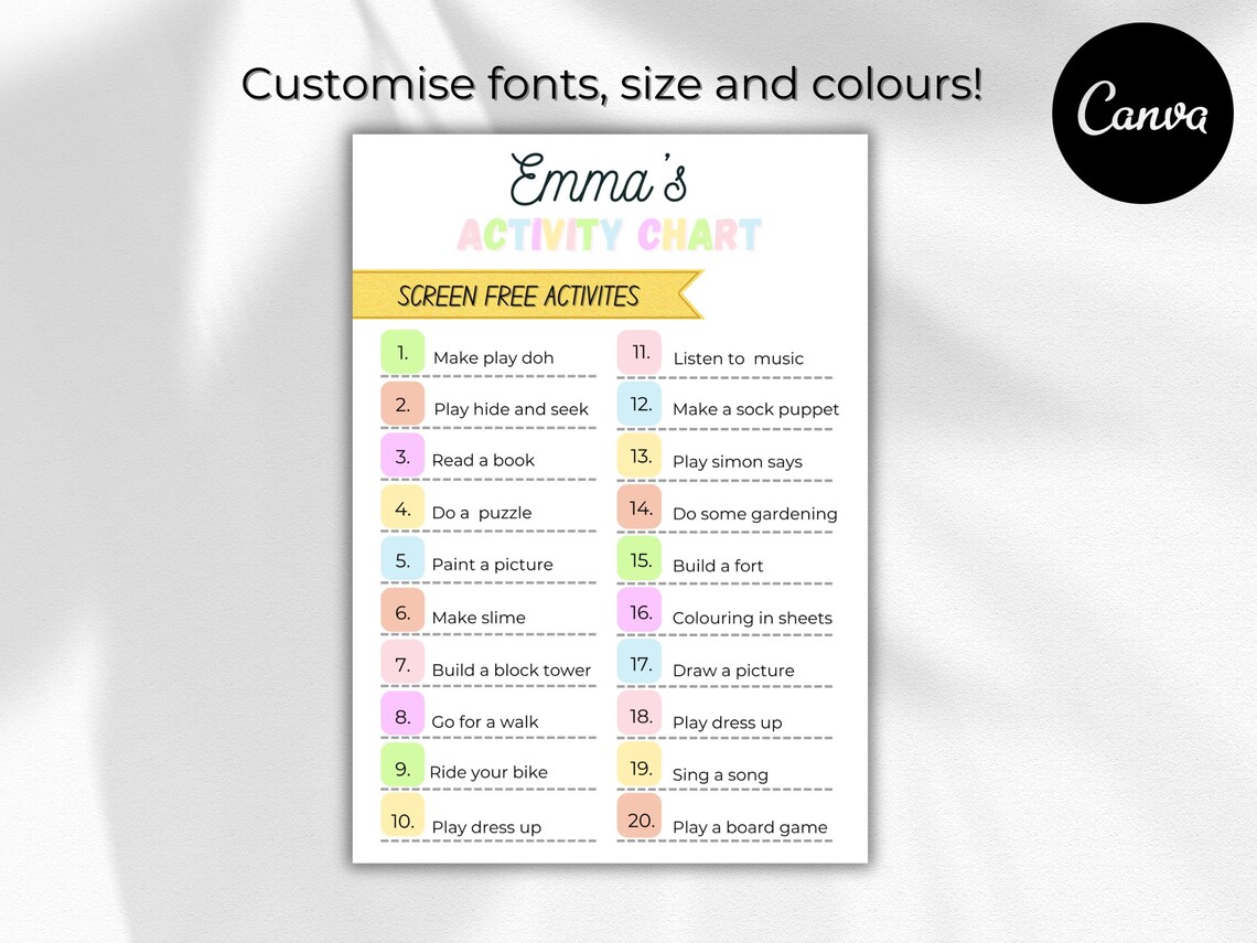 Screen Free Activities for Kids Printable Play Chart Routine Chart Kids ...