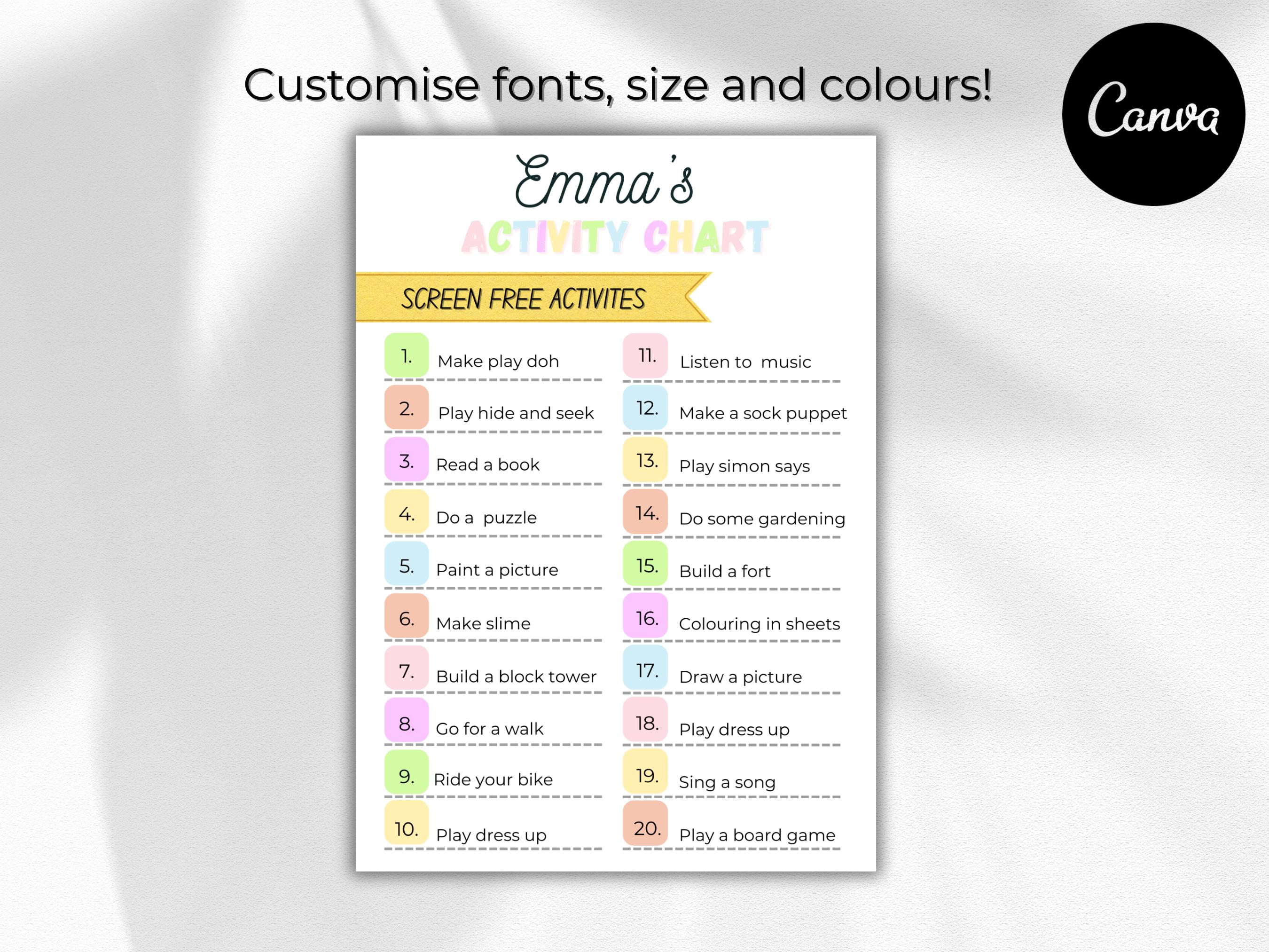 Screen Free Activities for Kids Printable Play Chart Routine Chart Kids ...