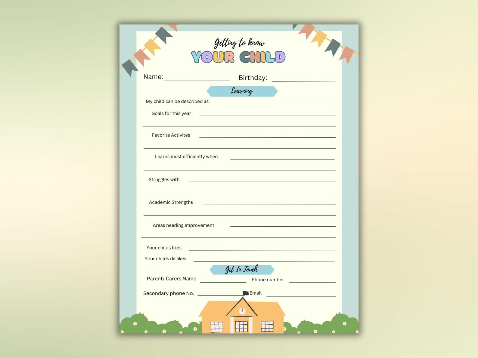Getting to Know Your Child Sheet Back to School Parent Survey Beginning ...