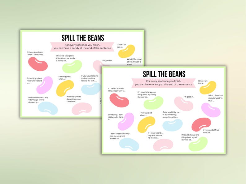 Spill the Beans Therapy Activity Chart Conversation Starters for Kids ...