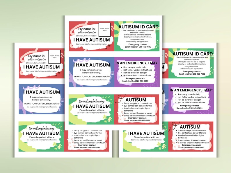 Childrens Autism ID Card Colorful Emergency Contact Cards Kids Autism ...