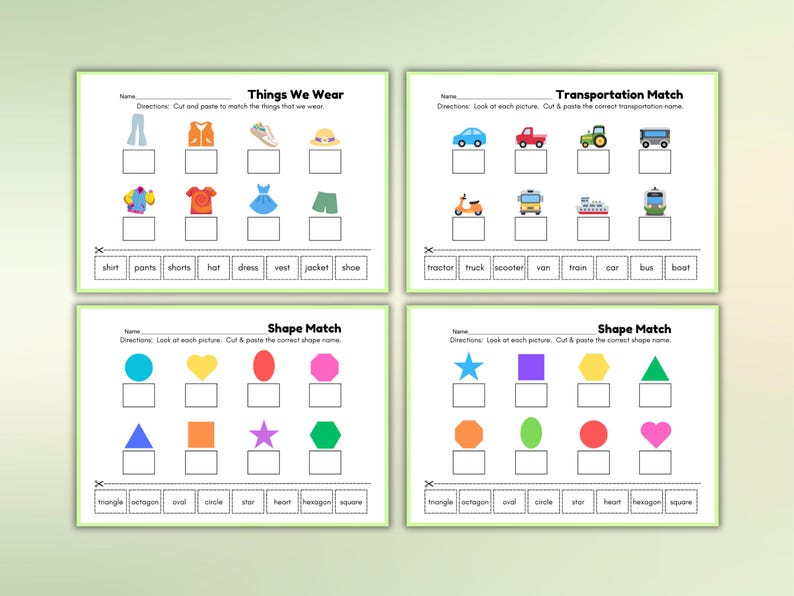 Kids Cut and Paste Worksheets Match the Picture Busy Book Matching Cut ...