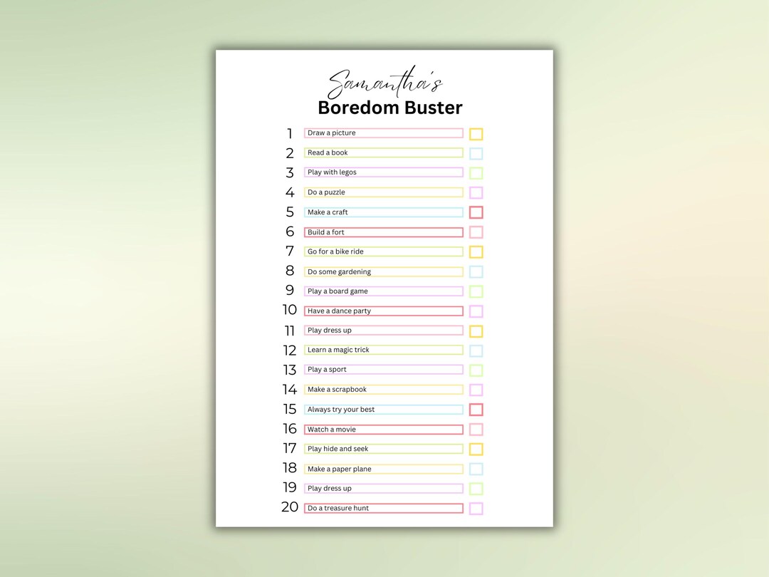 Kids Boredom Buster Activity Chart Childrens Boredom List Home Reward ...