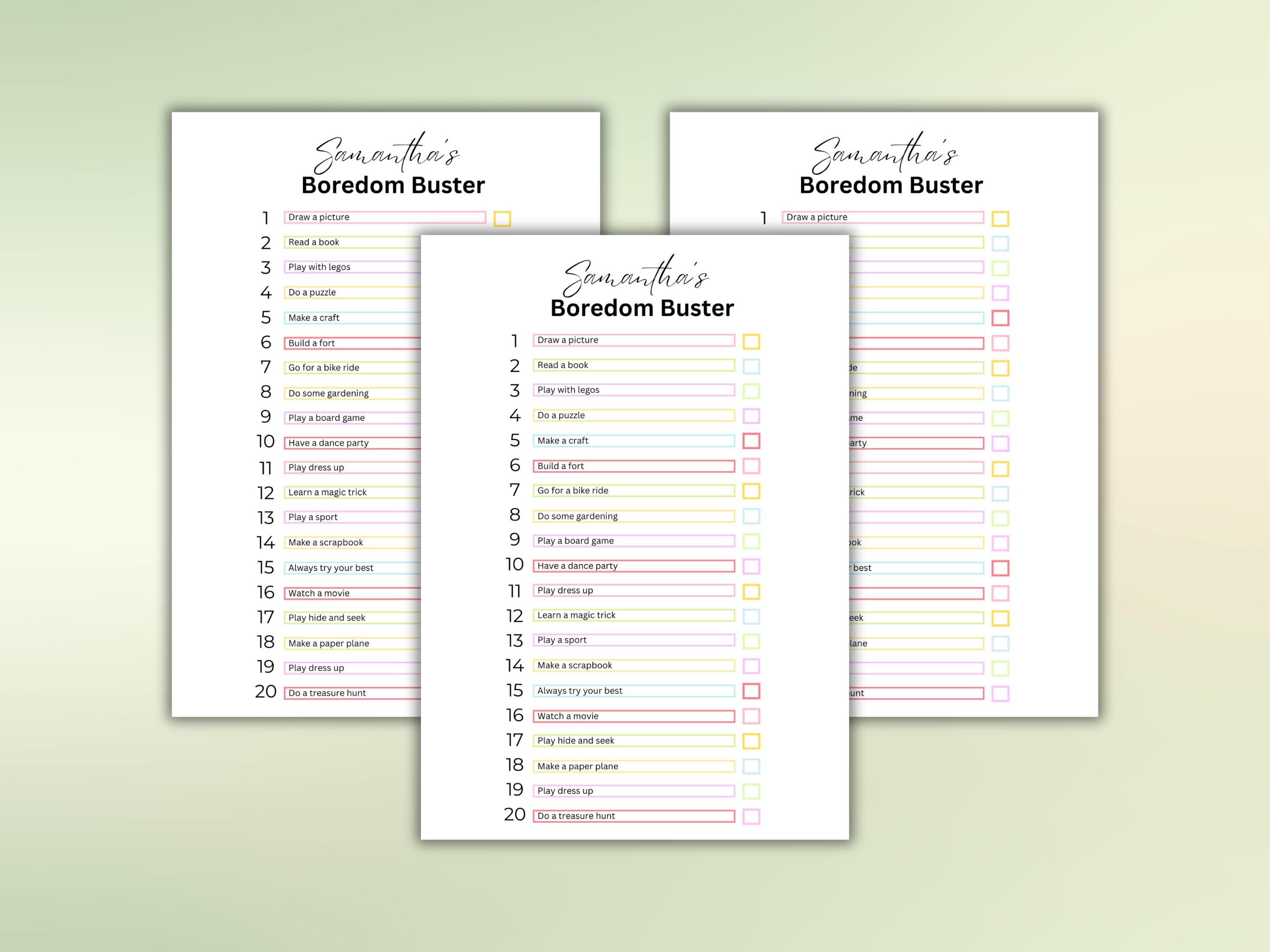 Kids Boredom Buster Activity Chart Childrens Boredom List Home Reward ...