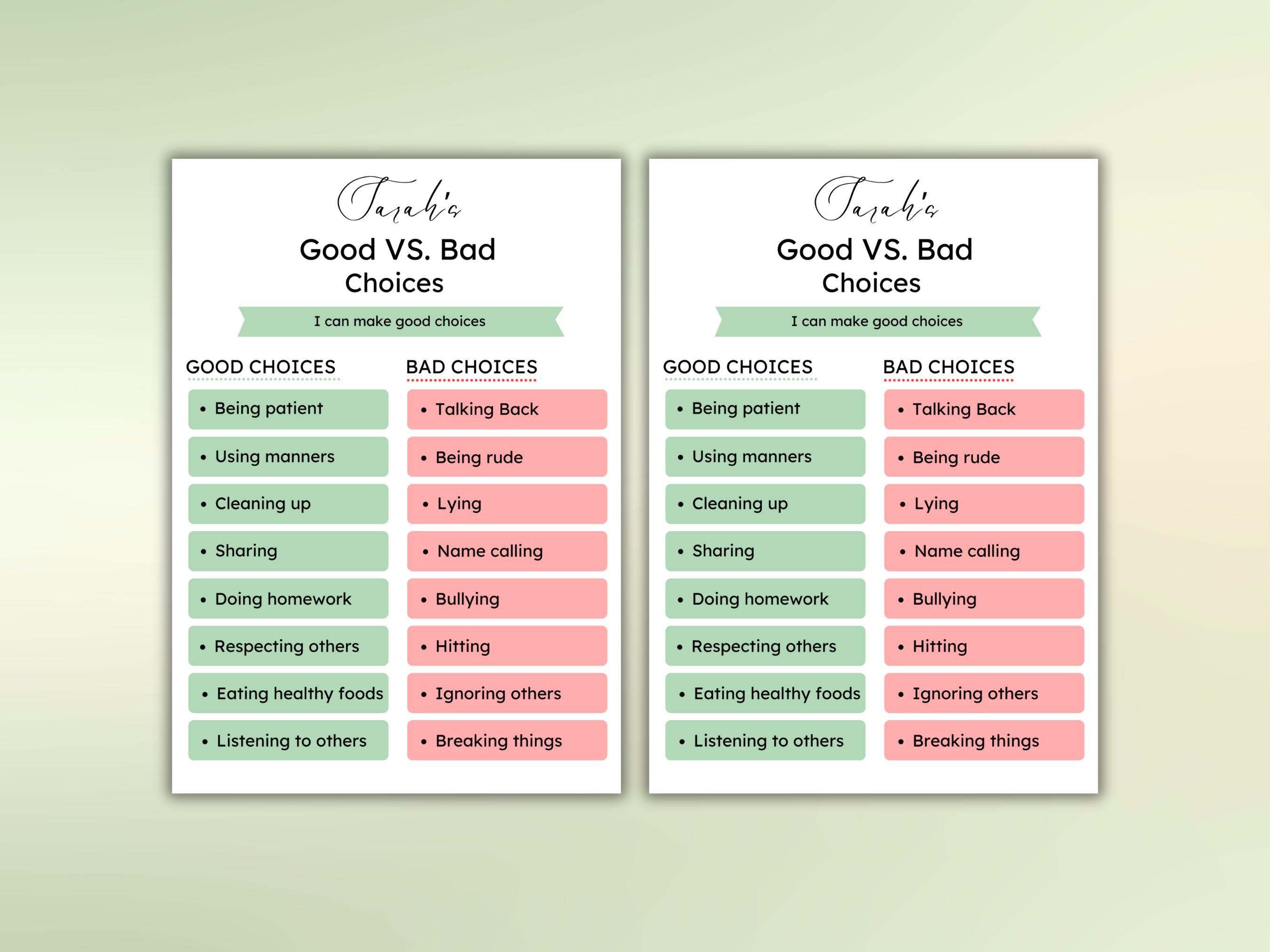 Childrens Good and Dad Choices Chart Positive and Negative Behavior ...