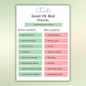 Childrens Good and Dad Choices Chart Positive and Negative Behavior ...