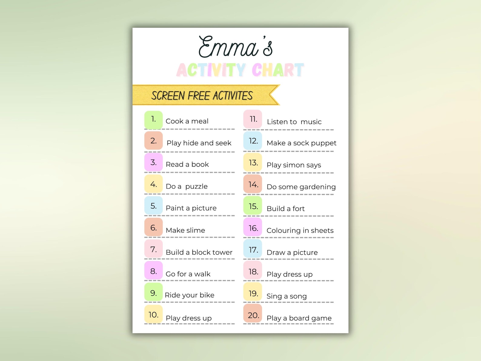 Screen Free Activities for Kids Printable Play Chart Routine Chart Kids ...
