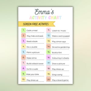 Screen Free Activities for Kids Printable Play Chart Routine Chart Kids ...