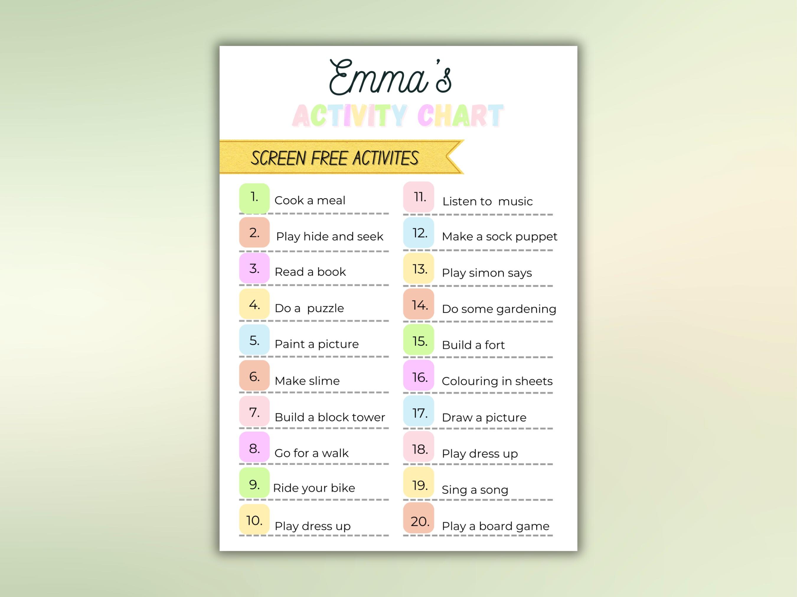 Screen Free Activities for Kids Printable Play Chart Routine Chart Kids ...