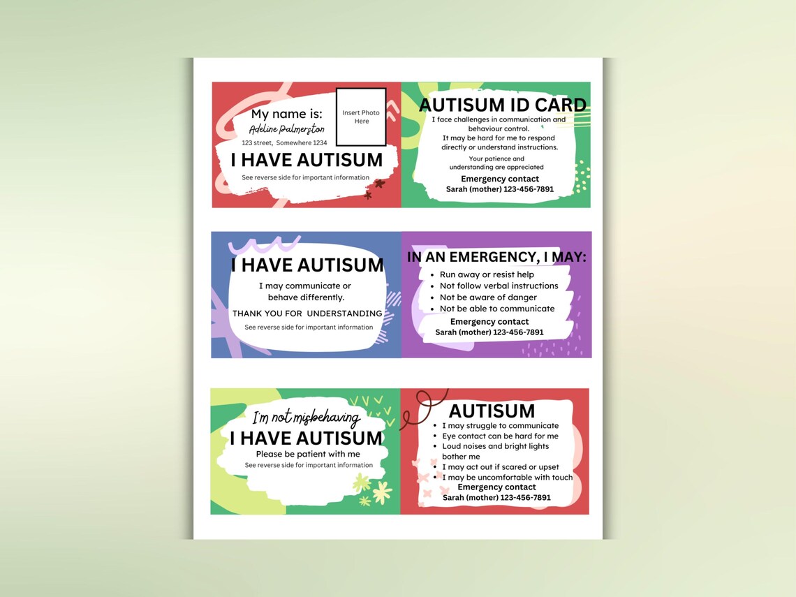 Childrens Autism ID Card Colorful Emergency Contact Cards Kids Autism ...