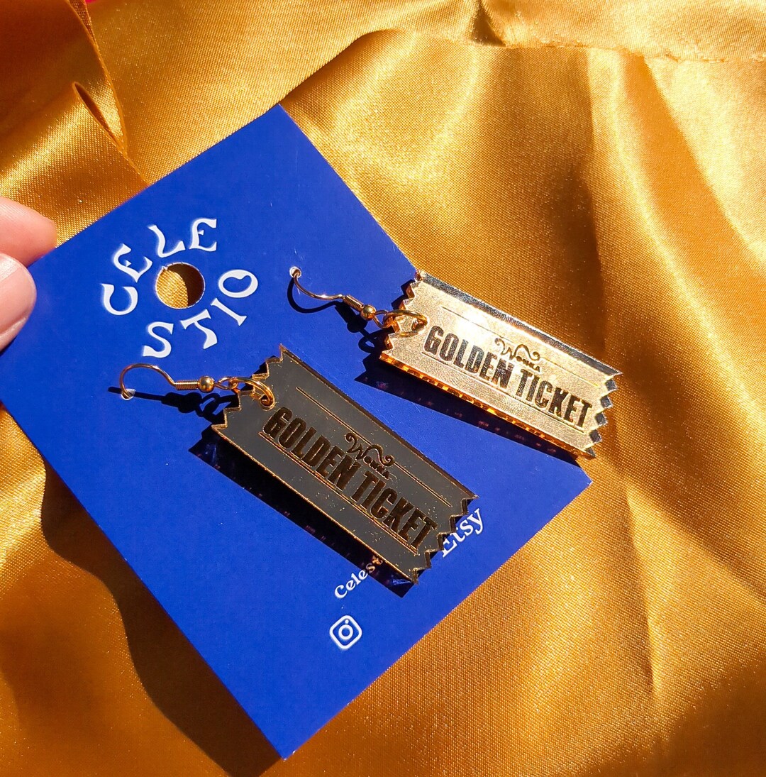 Willy Wonka Golden Ticket Acrylic Earrings - Engraved Mirror Childrens ...
