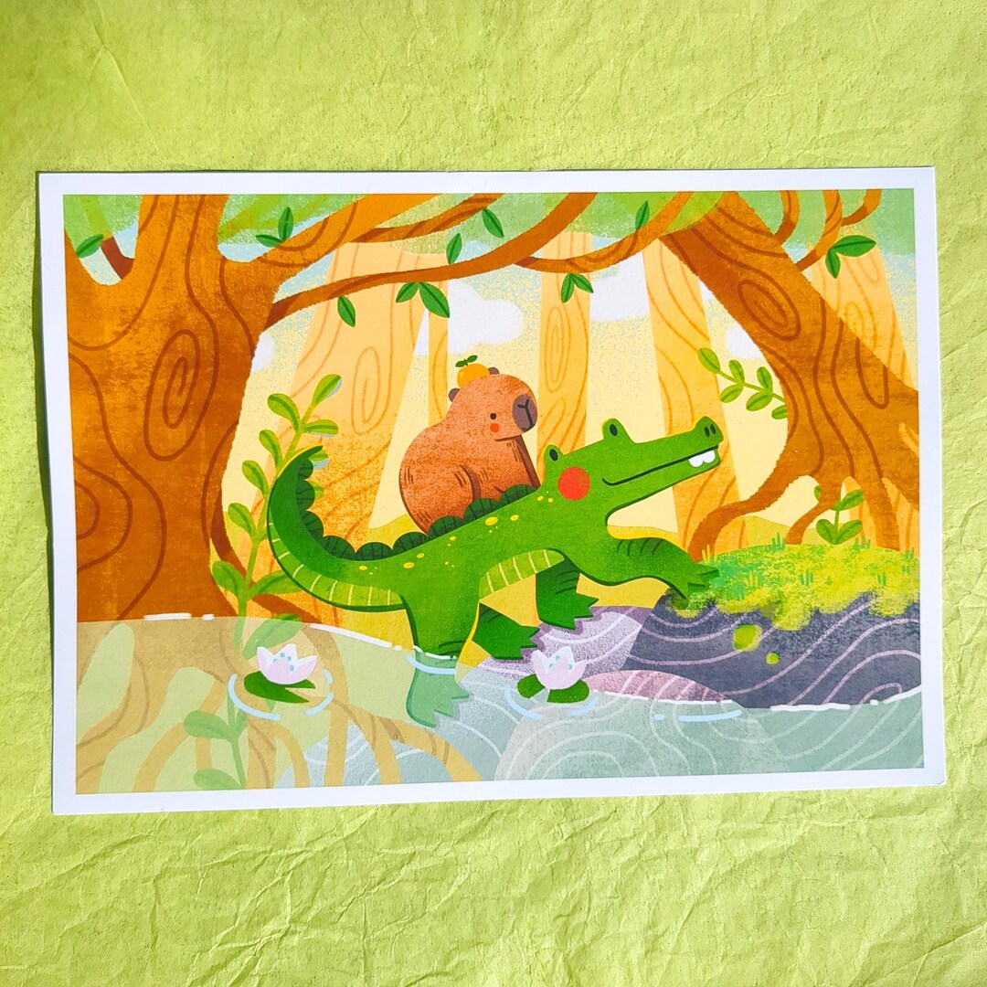 Capybara & Alligator Poster A4 Wall Art Print // Cosy Forest Landscape ...
