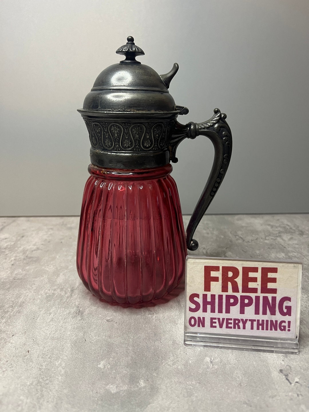 Antique Cranberry Glass Syrup Pitcher James W. Tufts Boston Quadruple Plate Silver - Etsy