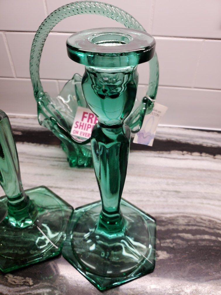 Fenton Glass Candlesticks and Basket Set - Green - Vintage - Etsy