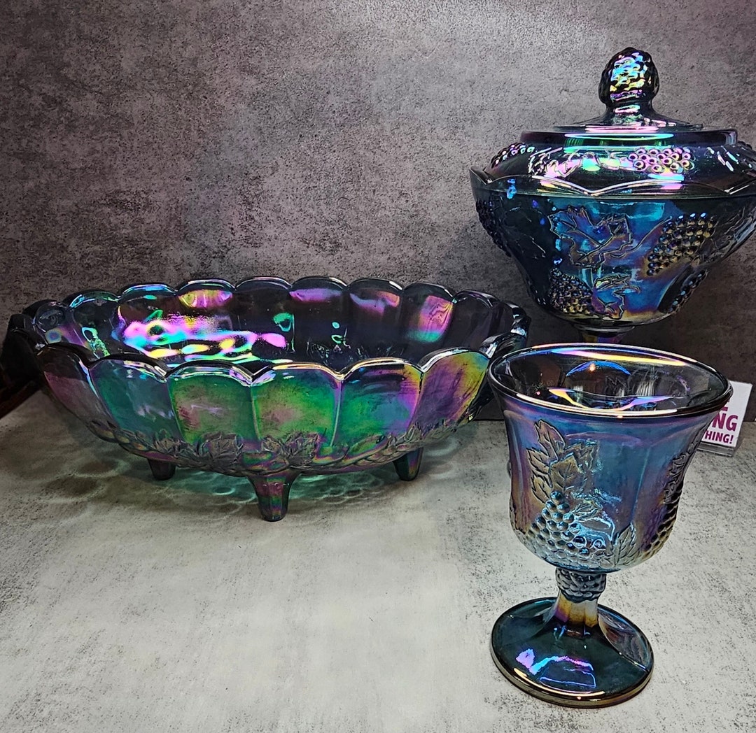 3 Piece Vintage Carnival Glass Set - Bowl, Candy Dish, & Cup - Blue ...