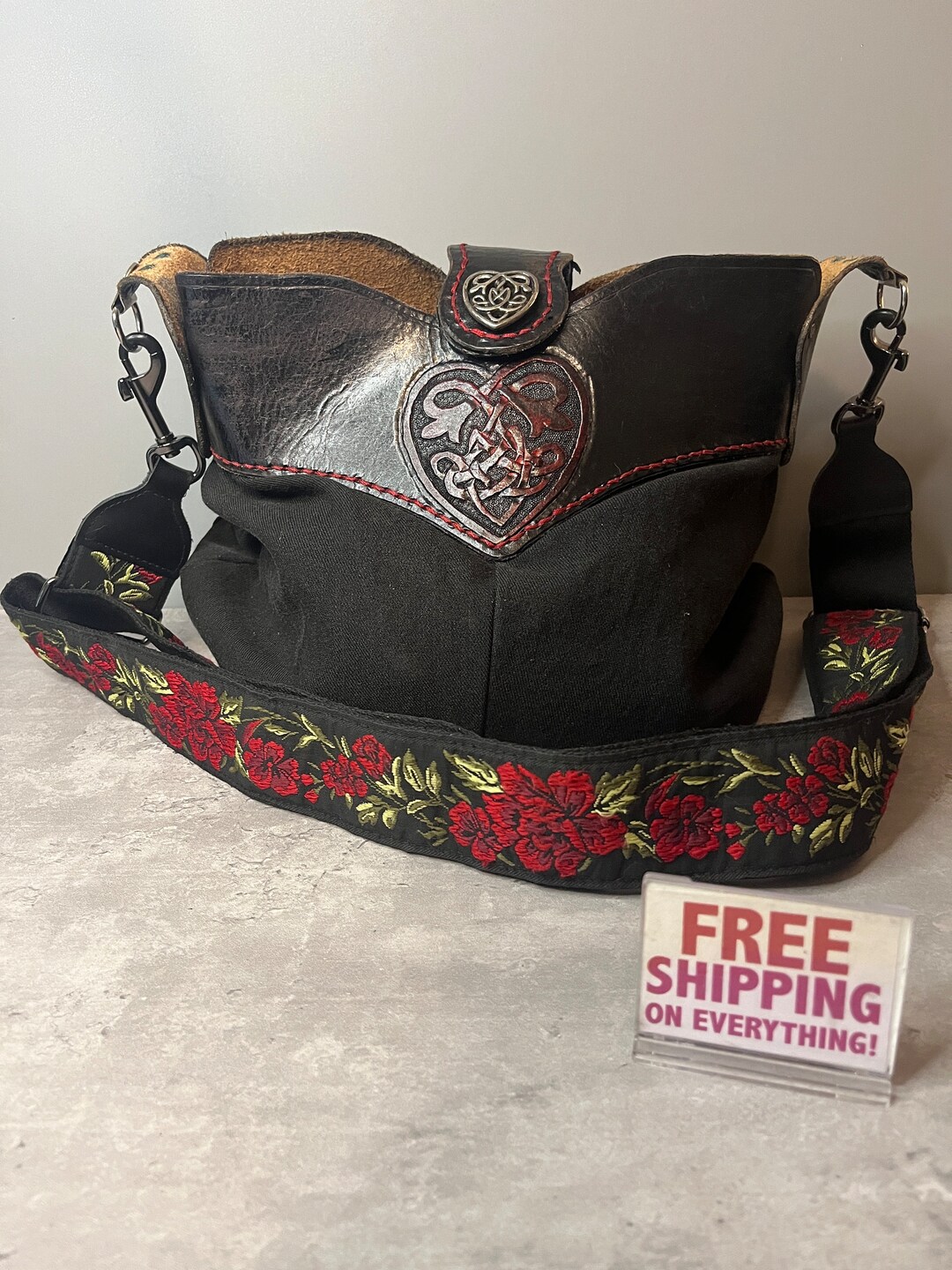Vintage Hand Made Black Purse With Guitar Strap - Red Roses - Crossbody ...