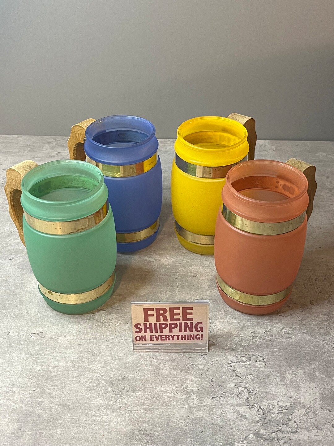 Set of 4 - Siesta Ware Color Frosted Glass Mugs With Wooden Handles ...