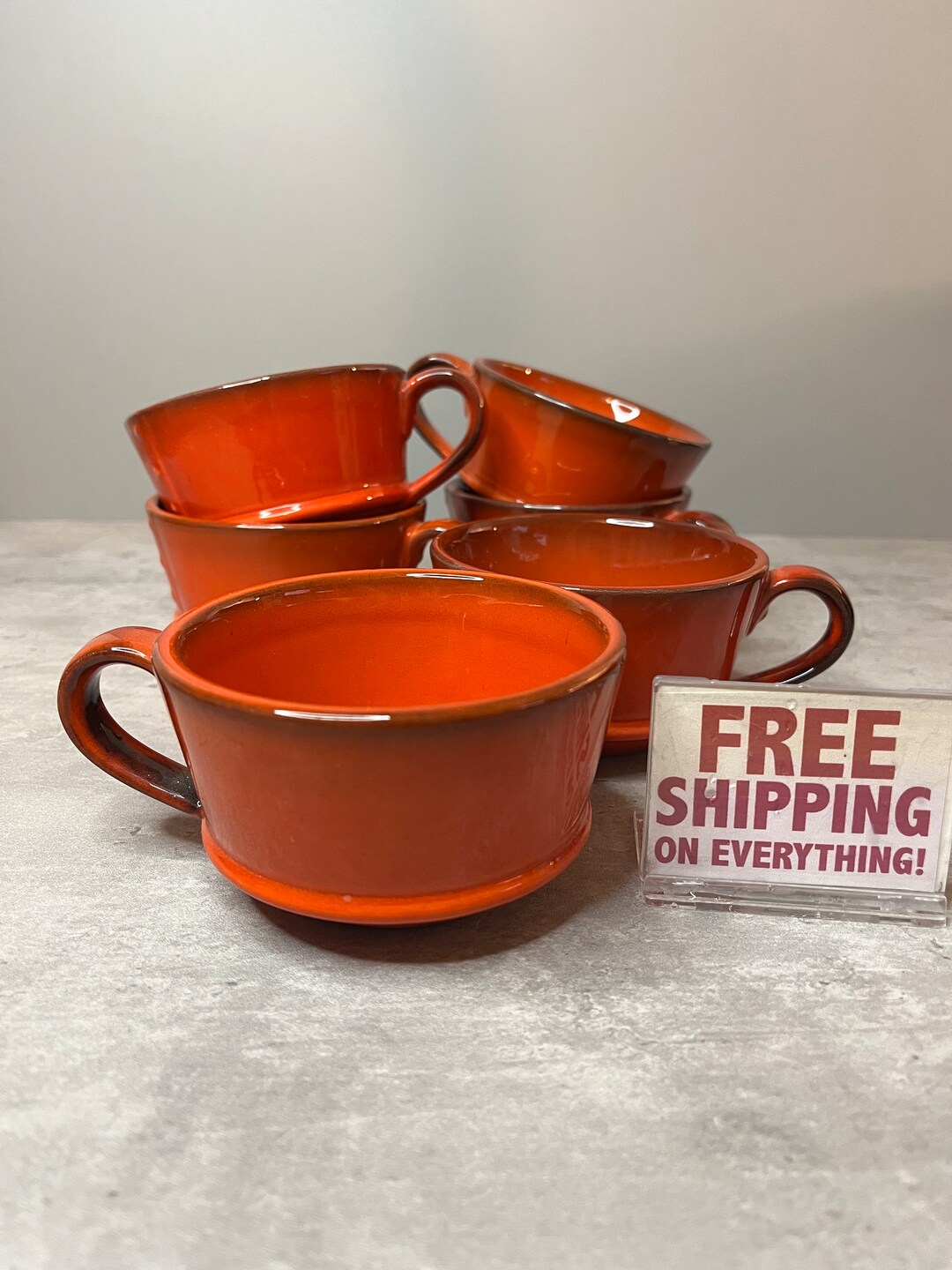 Set of 6 Flame Orange Drip Glaze Pottery Coffee Cups Mugs Stoneware ...