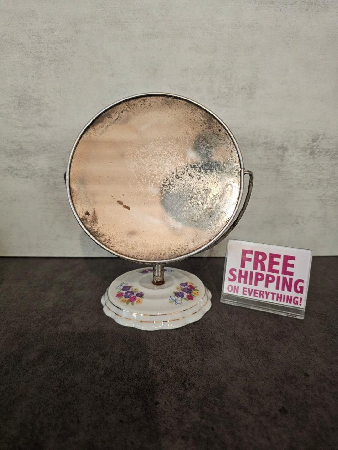 Vintage Ceramic Vanity Standing Hand Mirror - White With Flowers - Etsy