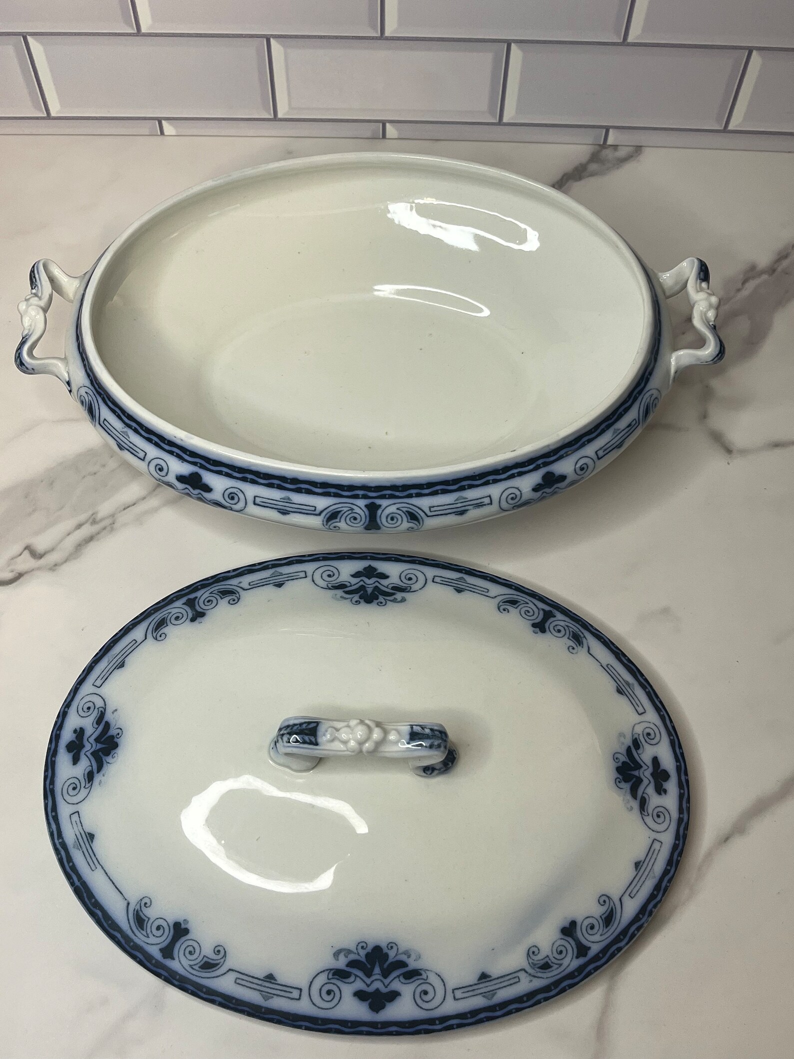 Antique Leighton Pottery 'regal' Serving Dish With Lid Blue & White - Etsy
