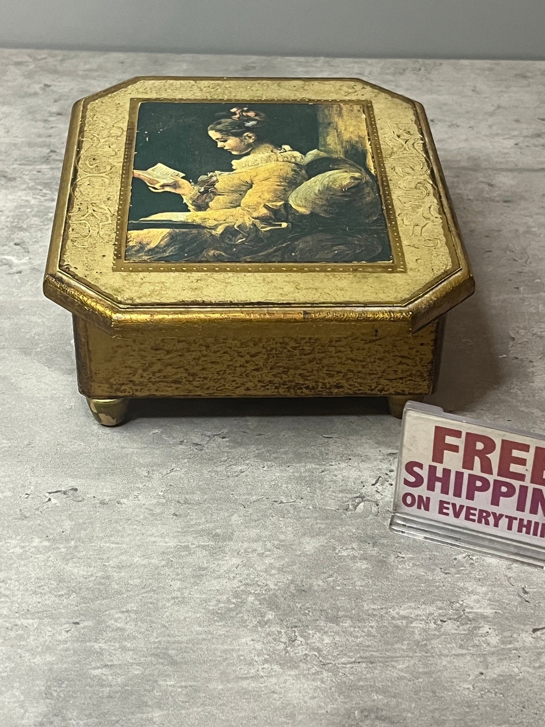 Vintage Victorian Wood Music Box Gold Trinket Jewelry Box With Hinged ...