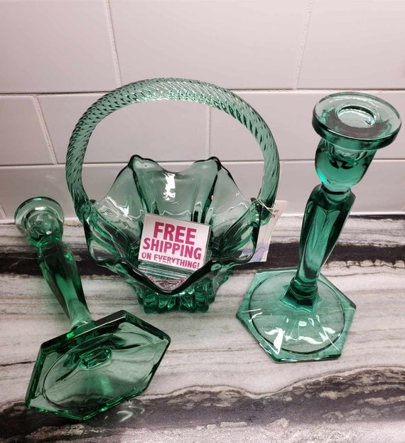 Fenton Glass Candlesticks and Basket Set Green Vintage - Etsy