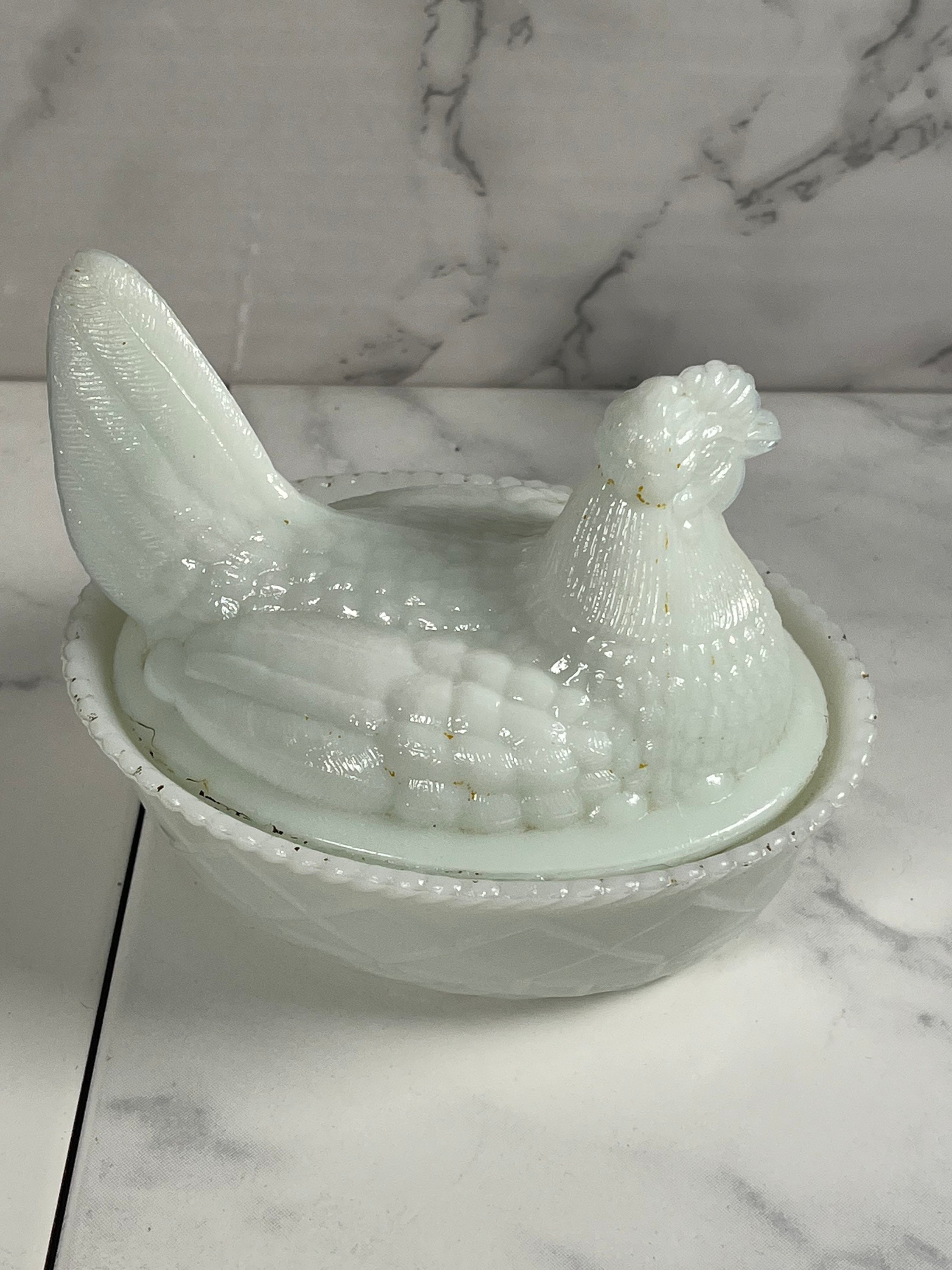 White Milk Glass Hen on a Basket Dish Vintage - Etsy