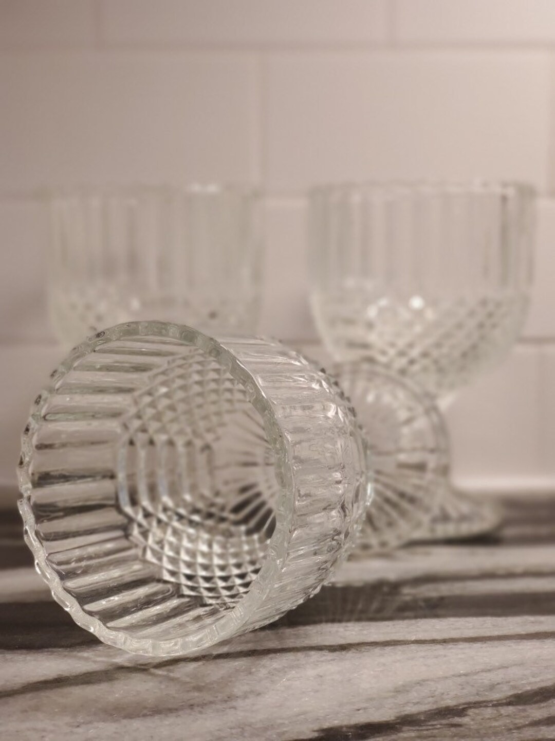 3 Pressed Glass Goblets - Diamond Pattern - Etsy