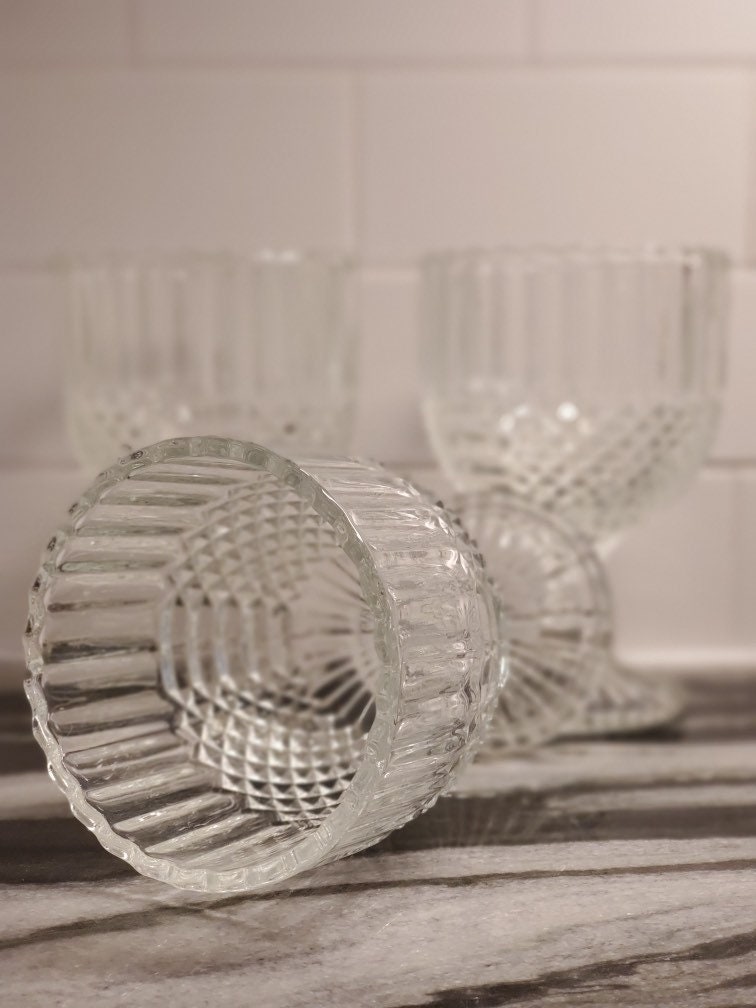 3 Pressed Glass Goblets - Diamond Pattern - Etsy