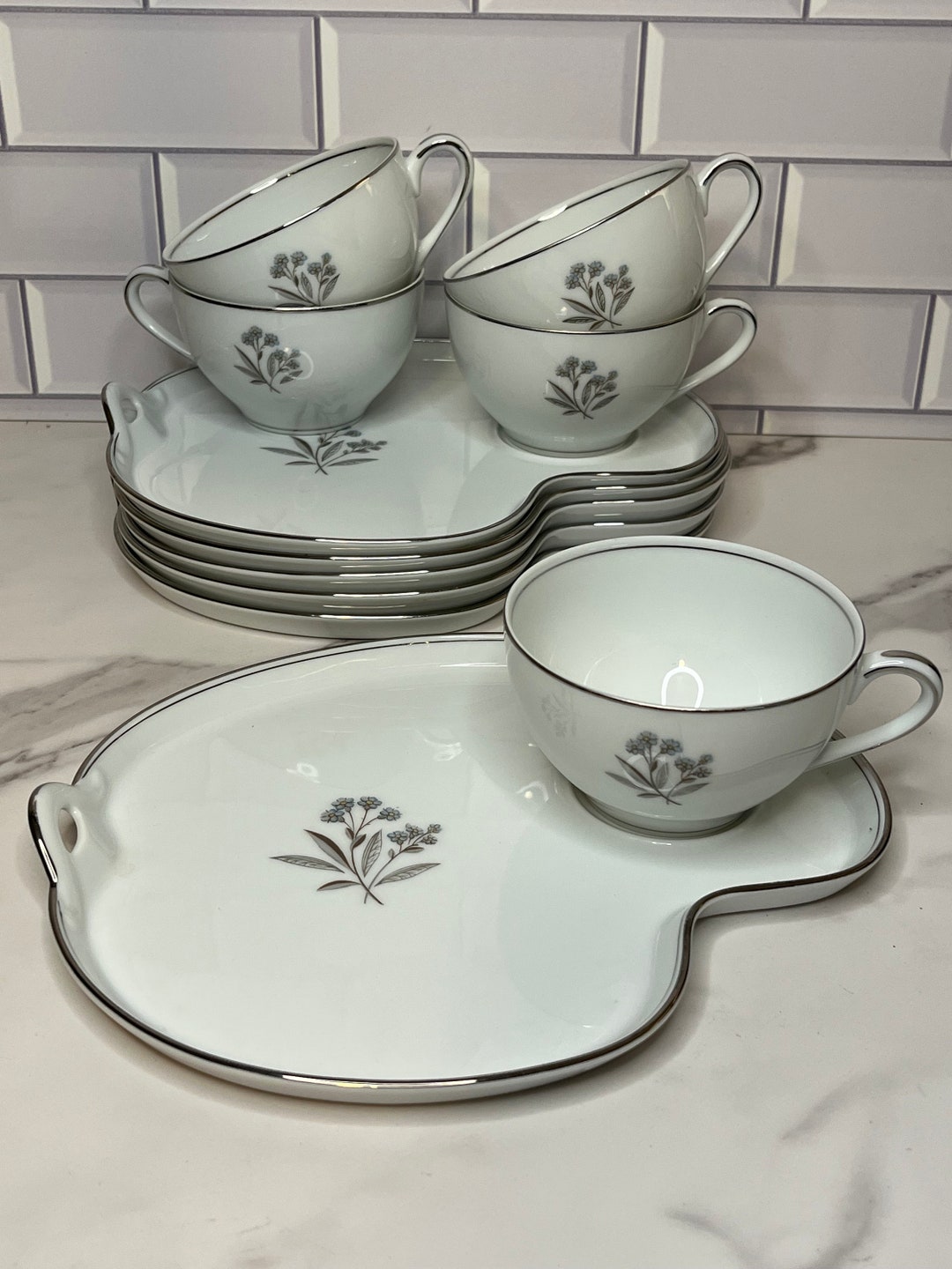 Noritake China Snack Set - Bessie Pattern - 6 Plates, 5 Cups - Vintage ...