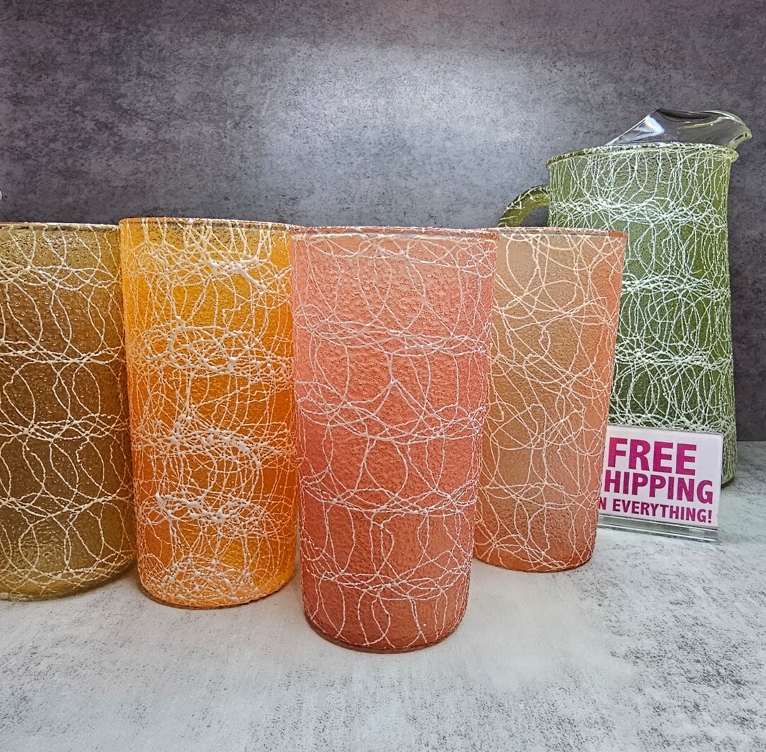 Vintage Pitcher & 14 Glasses Set - Spaghetti String Design - Assorted ...
