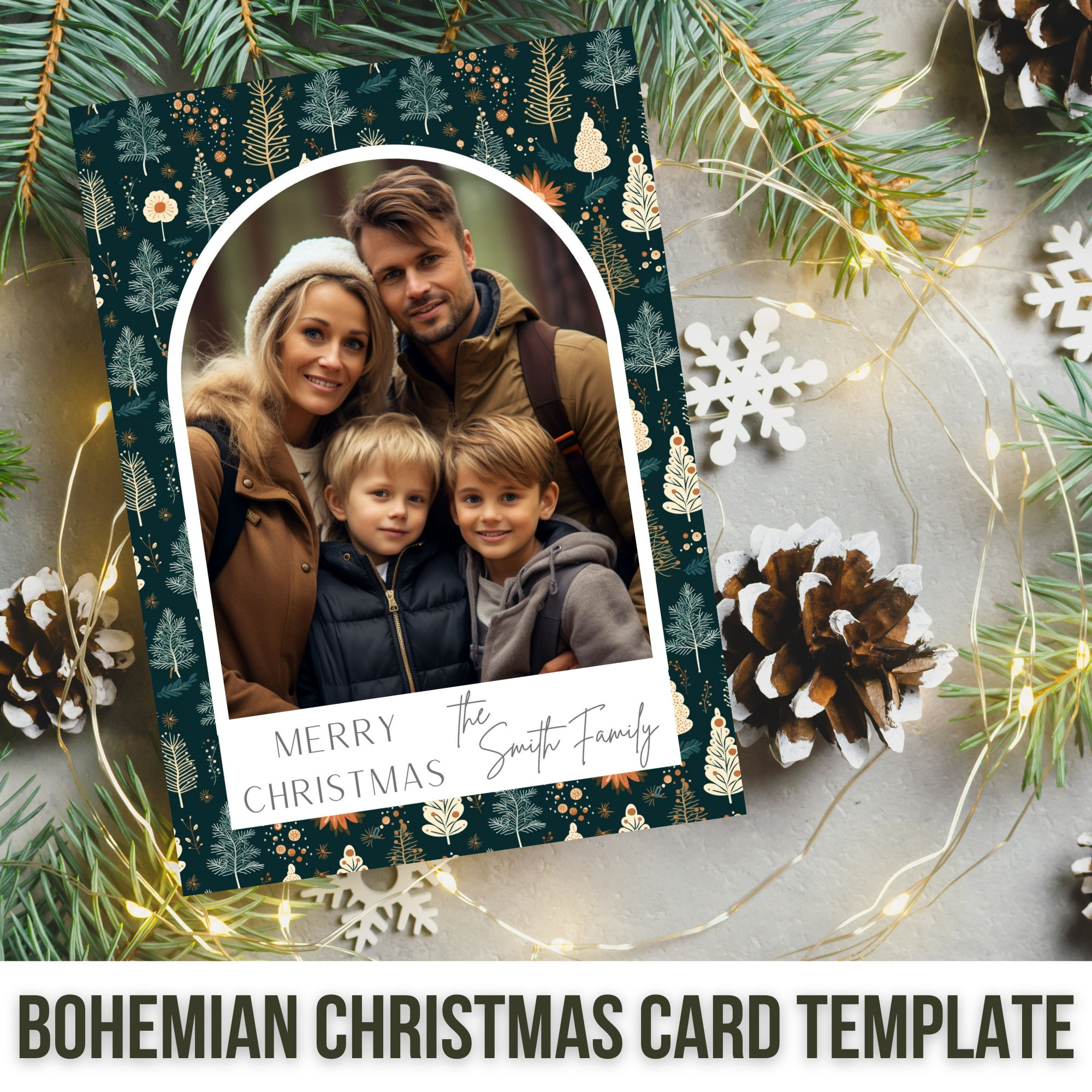 Editable Bohemian Christmas Card Template Modern Boho Christmas Card ...