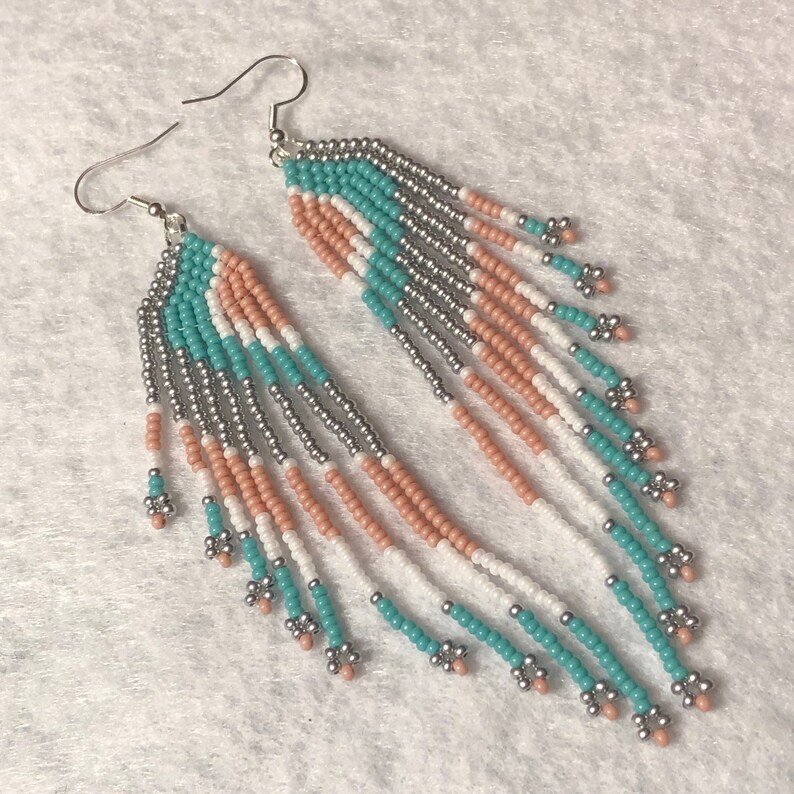 Feather Fringe Beaded Earrings, Seed Bead Earrings, Wings Earrings ...