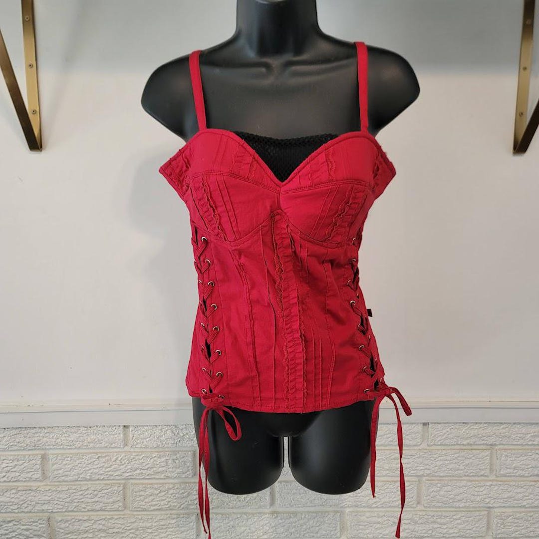Vintage Y2K Royal Bones Red Corset Style Tank Top With Mesh and Lace ...