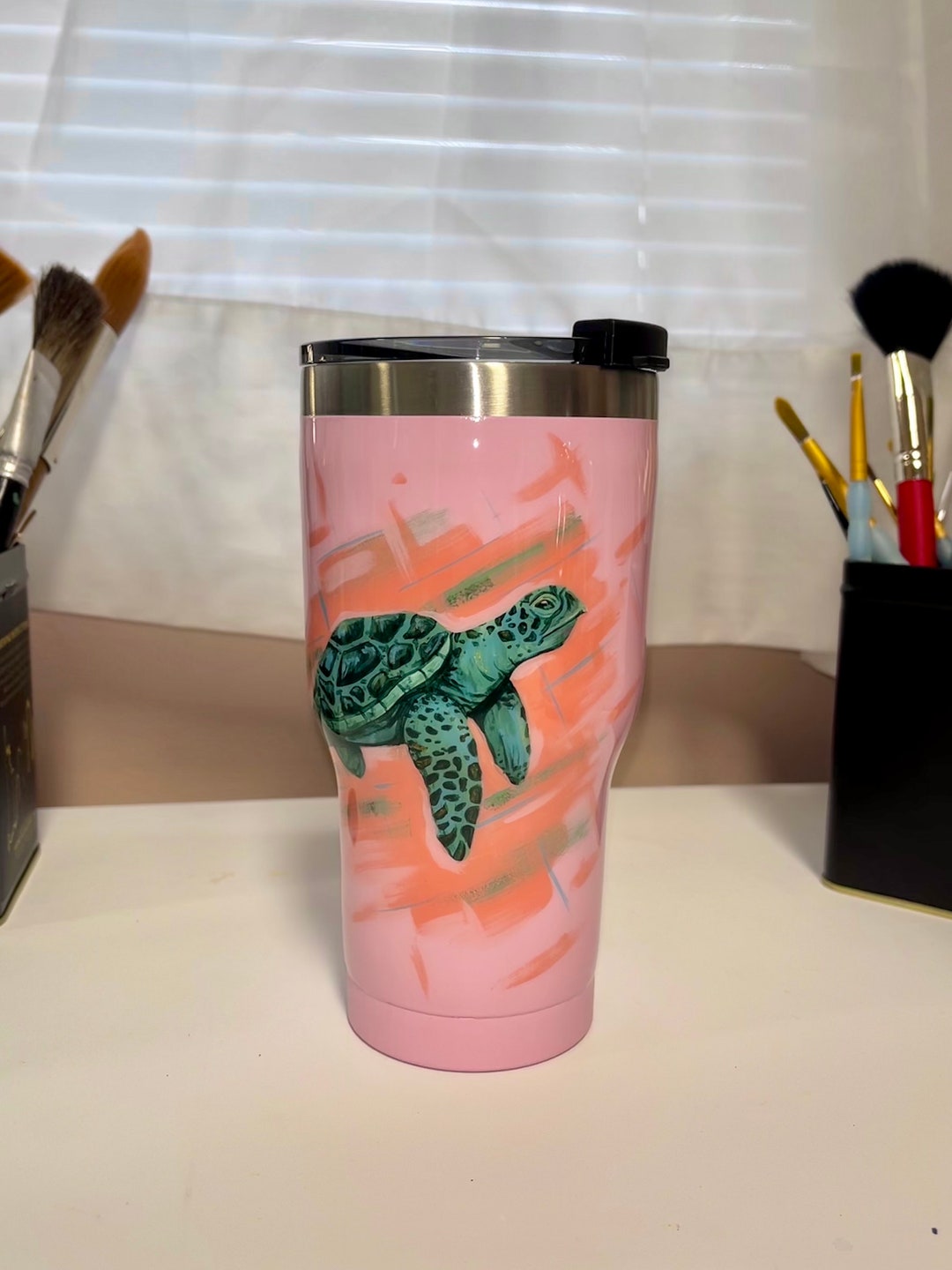 Handpainted Water Bottle- 20oz RTIC Bottle- Pink Turtle Painting ...