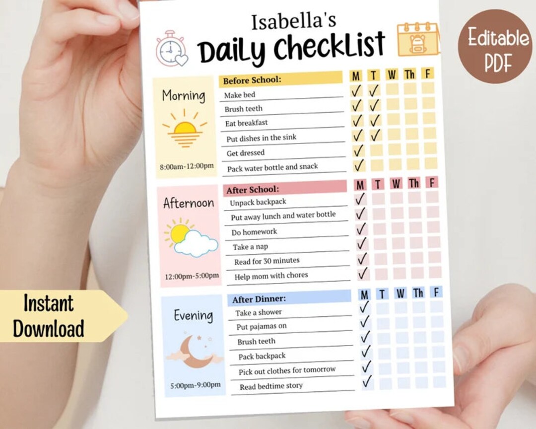 CHORE CHART PRINTABLE Kids Daily School Checklist, Schedule Planner ...