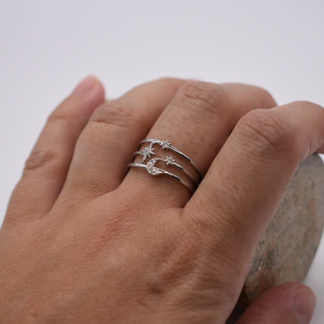 STAR MOON RING Star and Moon Layered Ring, Celestial Ring, Adjustable ...