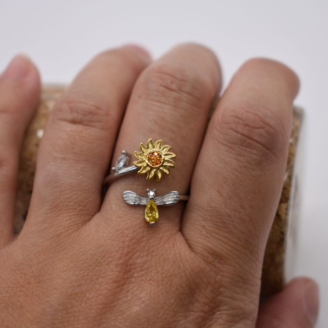 Flower Fidget Anxiety Ring Adjustable Spinning Sunflower Pretty Ring ...