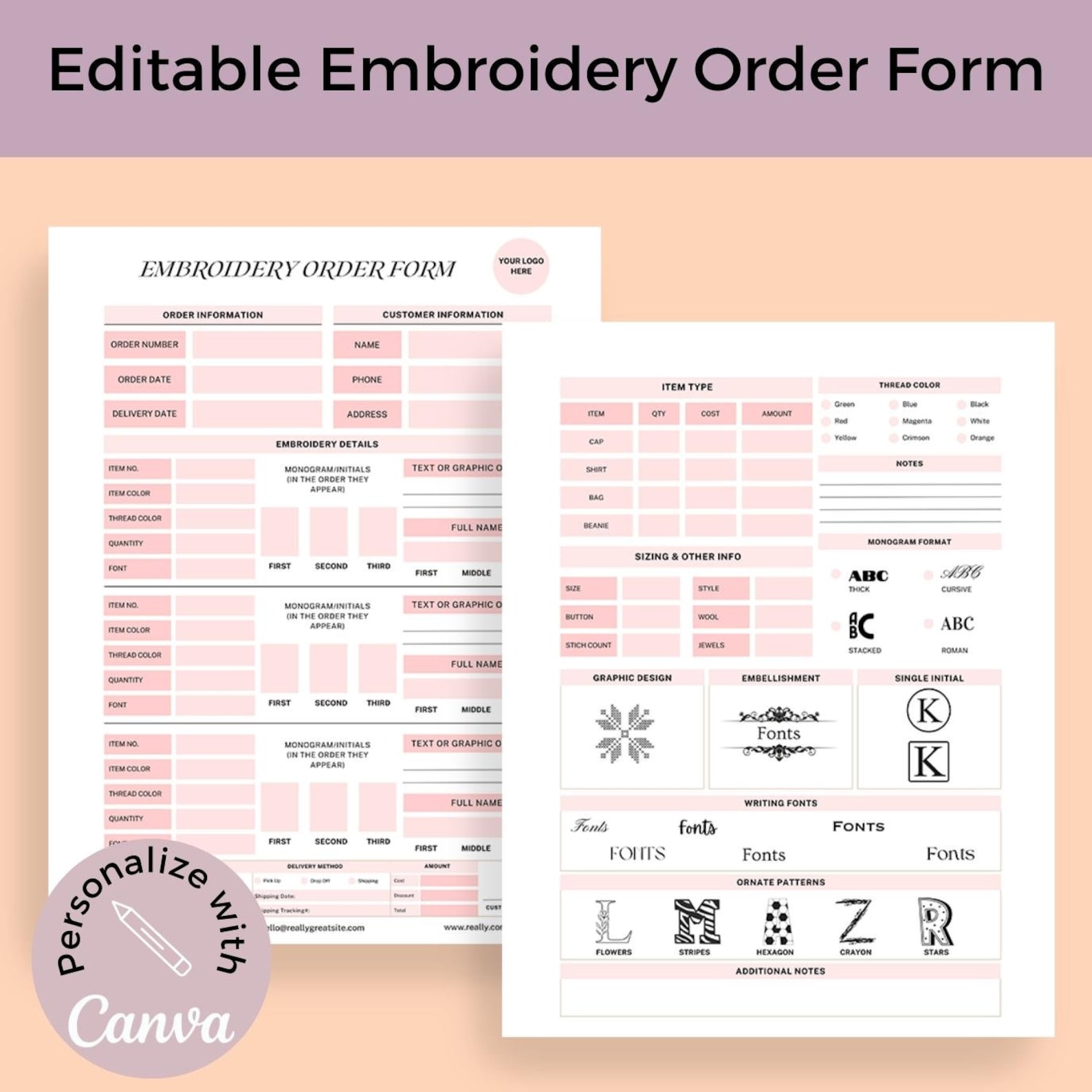 Editable Embroidery Order Form Template for Embroidery Business Order ...