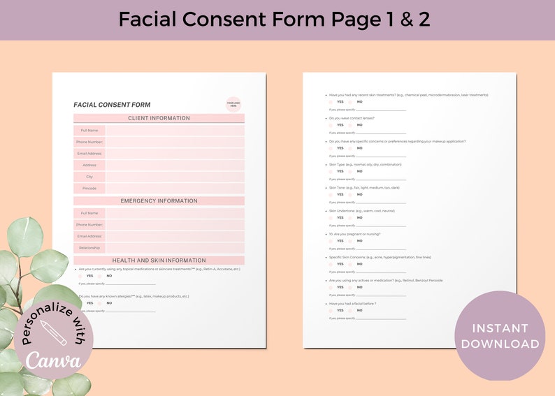 Facial Consent Form for New Client Intake Form for Facial Esthetician ...
