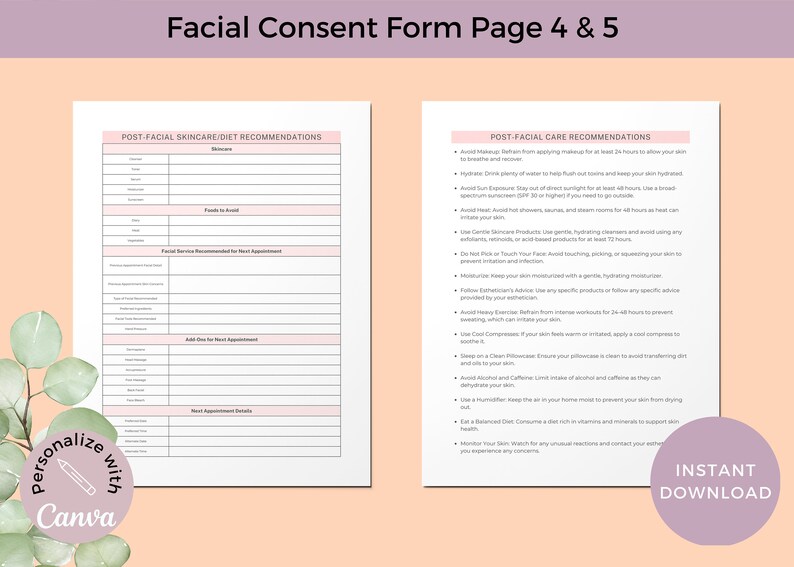 Facial Consent Form for New Client Intake Form for Facial Esthetician ...