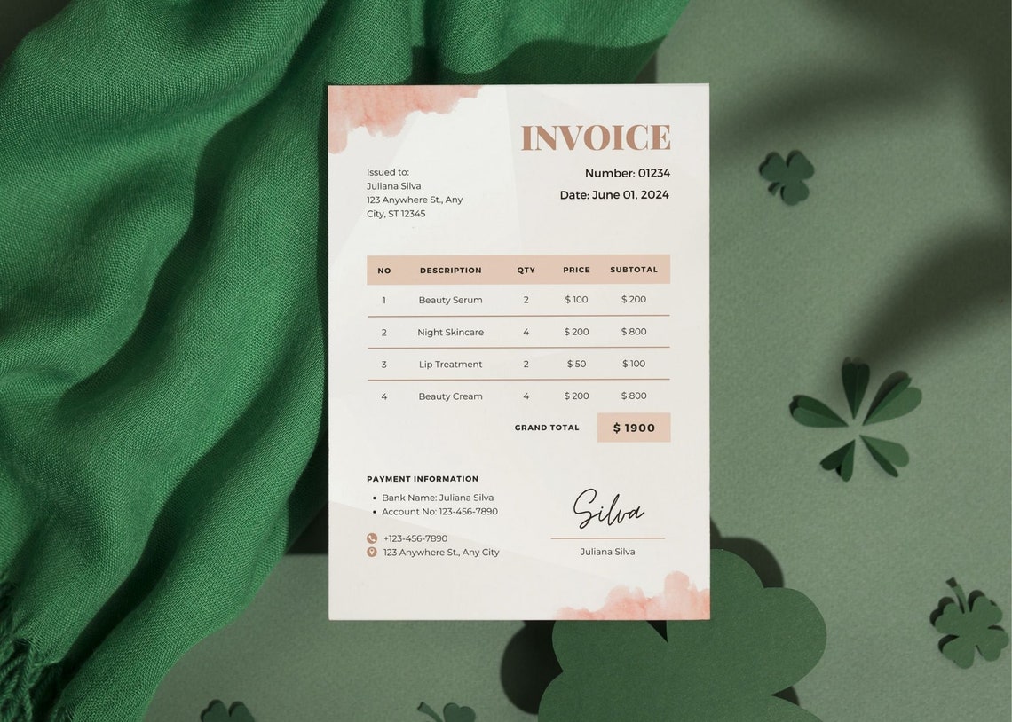 Watercolor Invoice Template Printable Invoice Custom Order - Etsy