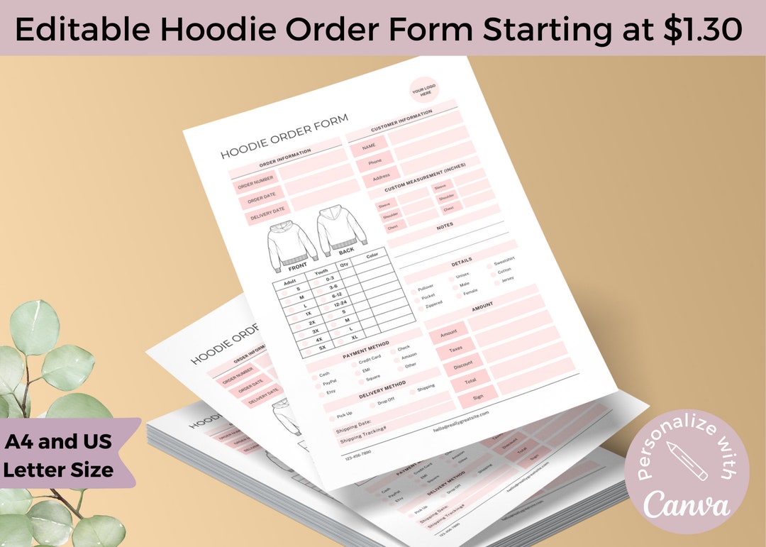Hoodie Order Form Editable Hoodie Order Form Template Printable Custom Hoodie Order Form ...