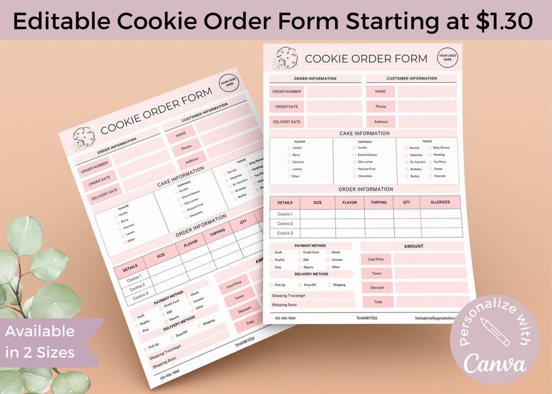 Cookie Order Form Template | Bakery Order Form Template | Small ...
